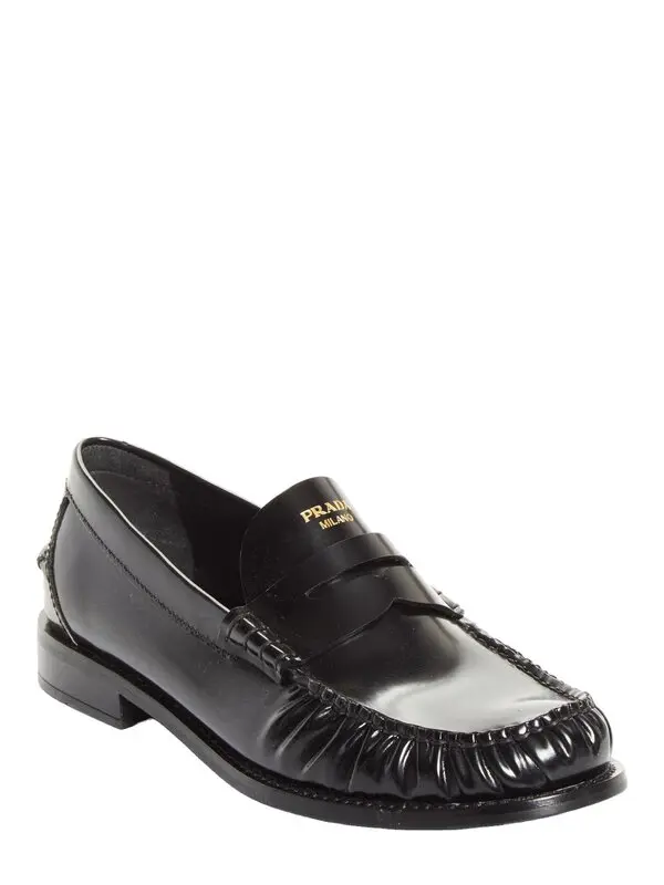 Prada Ruched Moc Toe Penny Loafers - Nero