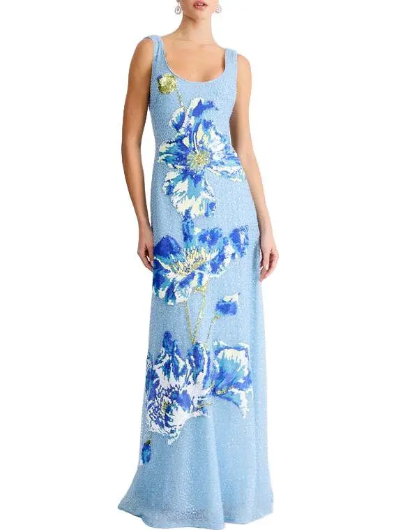 HELSI Jackie Beaded Gown With Floral Applique - Baby Blue