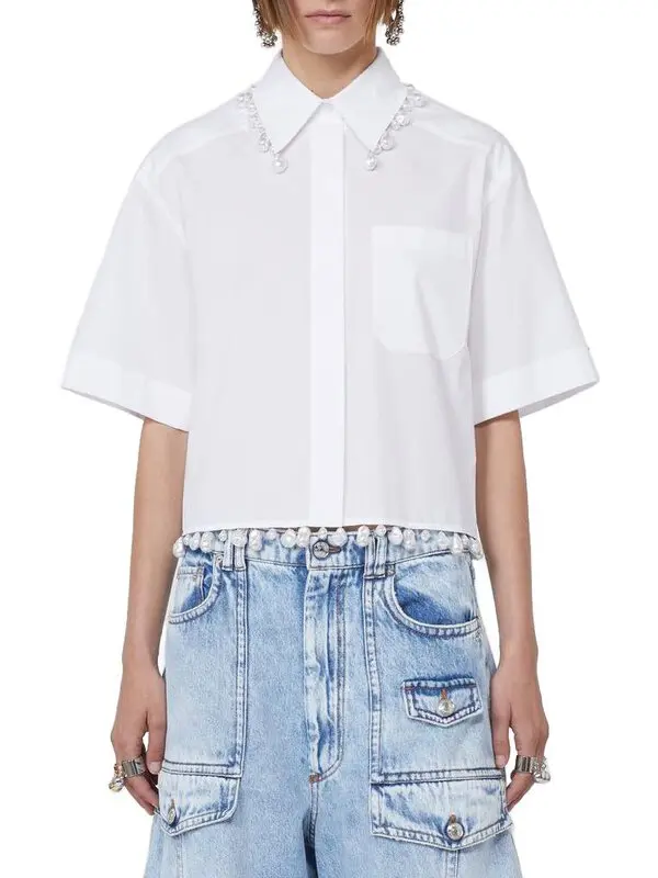 Sportmax Faux Pearl Embellished Cotton Poplin Shirt - Optical White