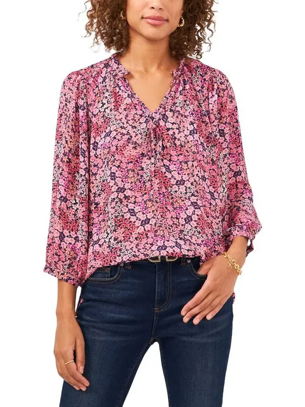 Vince Camuto Floral Print Puff Shoulder Peasant Sleeve Blouse - Cosmo Pink