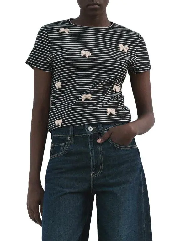 Mango Striped T-shirt With Bow Embellishments - Navy