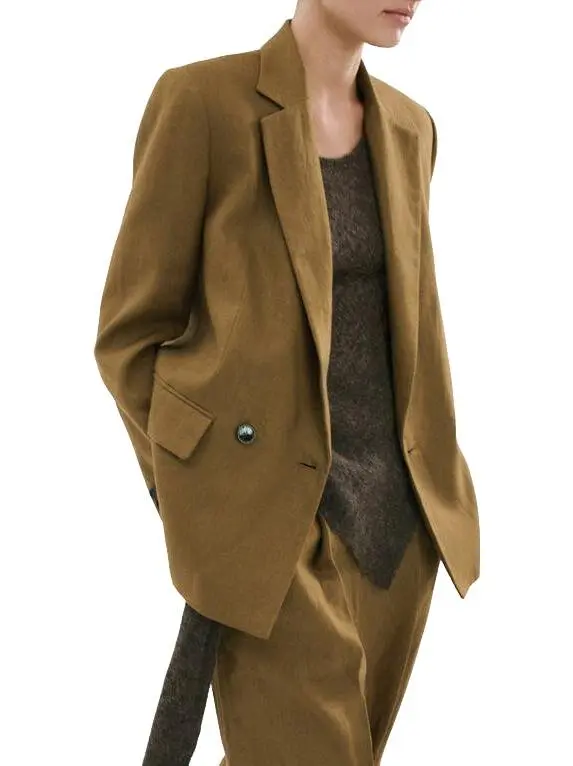 Mango Double Breasted Linen Blazer - Olive Green
