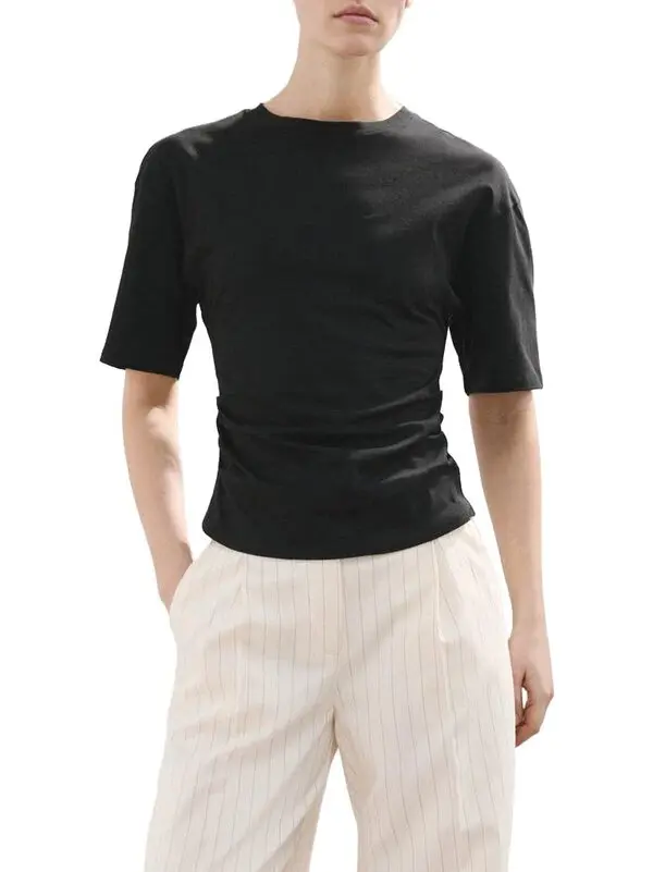 Mango Ruched Side Cotton T-shirt - Black