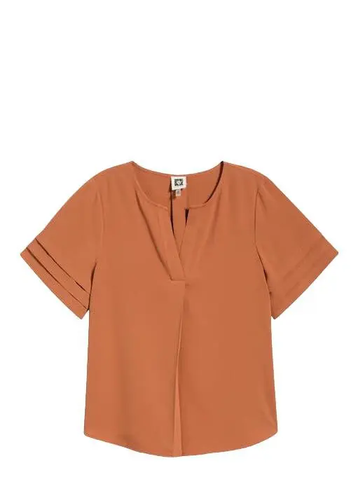 Anne Klein Pleated Split Neck Top - Cedar Spice