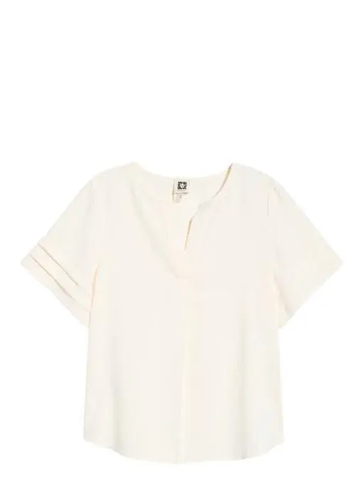 Anne Klein Pleated Split Neck Top - White Dove