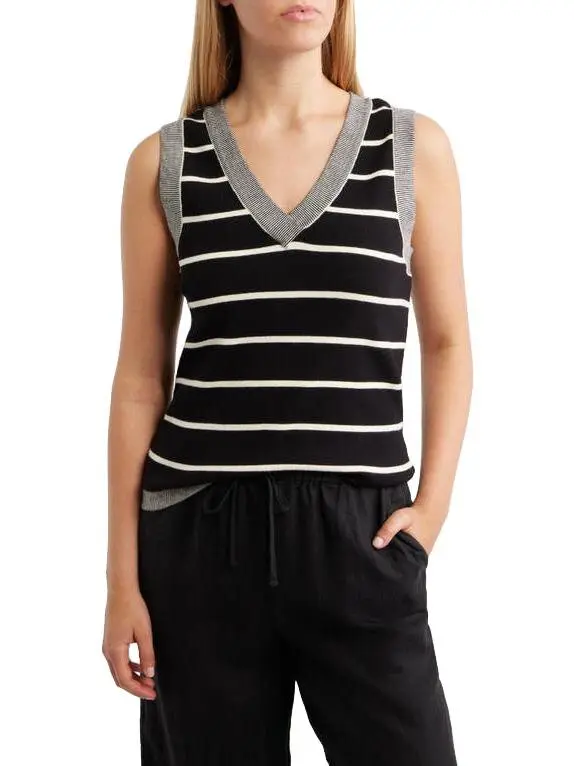 Wit & Wisdom Striped V-neck Sweater Vest - Black/ecru
