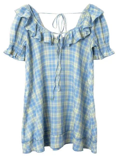 DAMSON MADDER Harlow Organic Cotton Checked Mini Dress - Blue