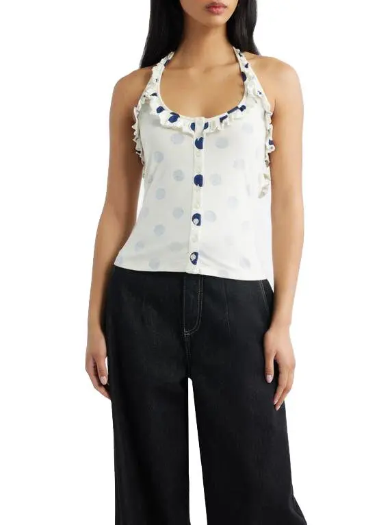 DAMSON MADDER Ruffled Polka Dot Organic Cotton Halter Top - White