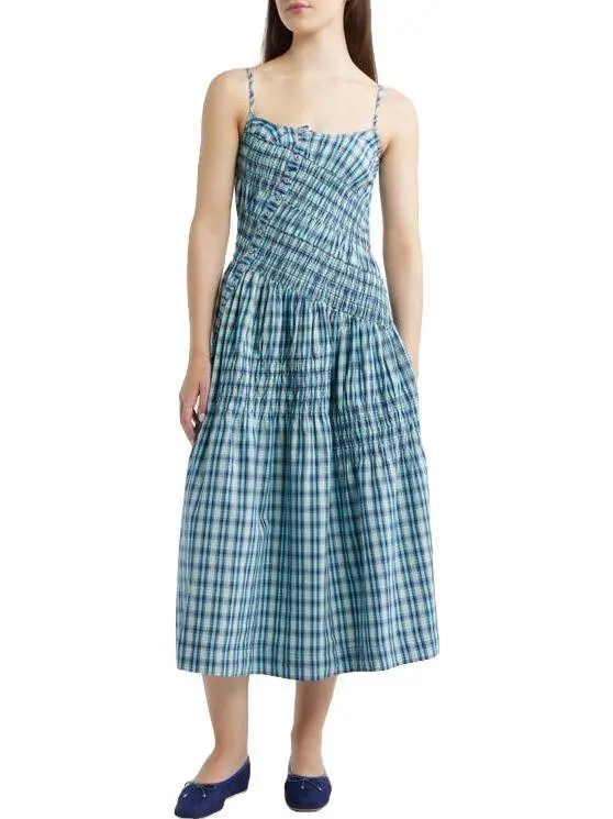 DAMSON MADDER Lyra Check Sleeveless Midi Dress - Blue
