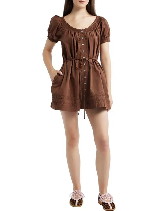 DAMSON MADDER Jayne Organic Cotton Puff Sleeve Mini Dress - Chocolate