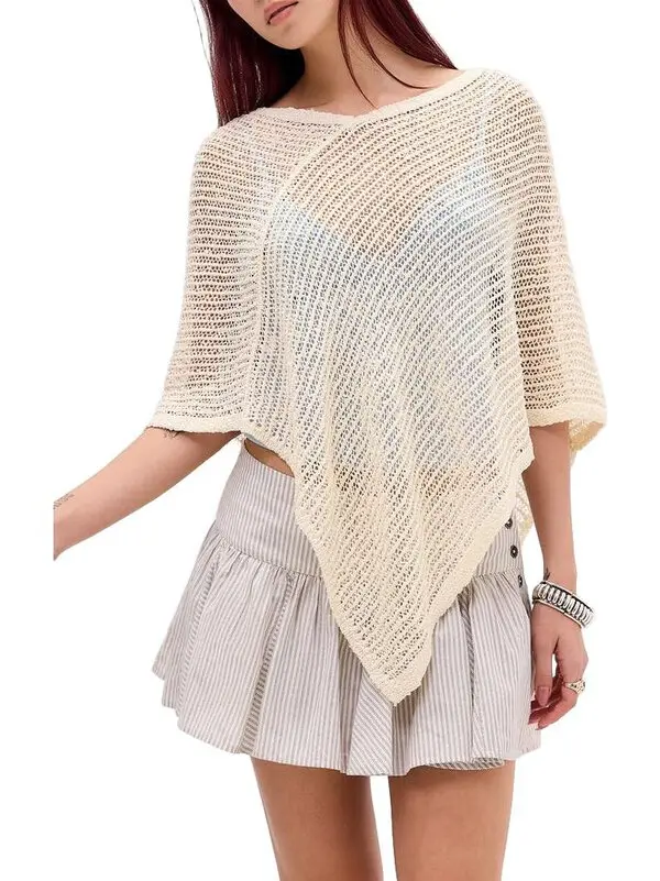 BDG URBAN OUTFITTERS Stitchy Openwork Poncho - Ecru