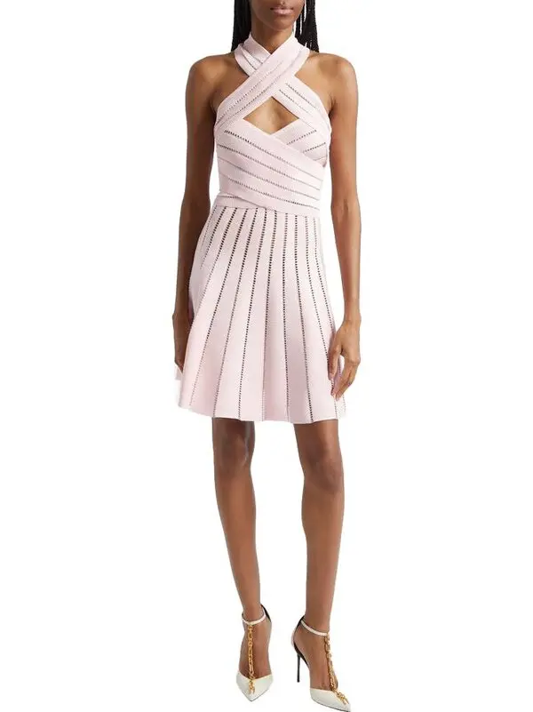 Balmain Crossover Neck Halter Open Stitch Sweater Dress - 4hq Pink