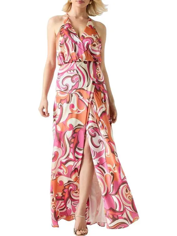 MARCIANO Sleeveless Halter Maxi Dress With Beaded Straps And Slit - Brown