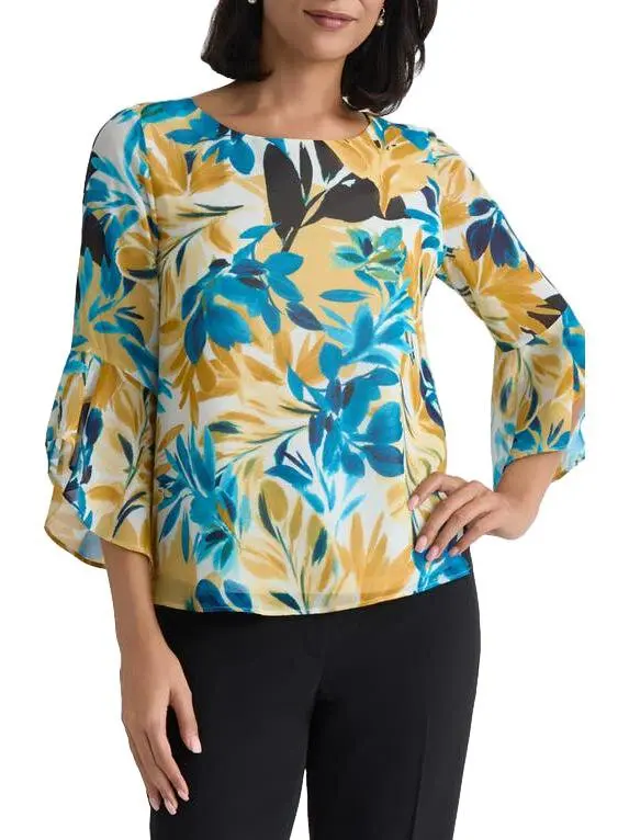 KASPER Floral Print Ruffle Sleeve Top - Butterscotch Multi