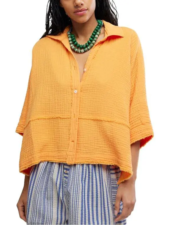 Free People Happy Days Oversized Cotton Gauze Button-up Top - Iceland Poppy