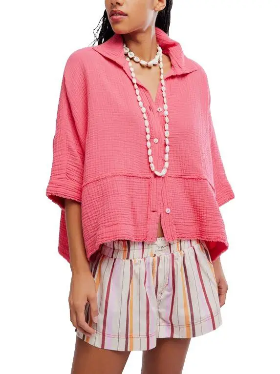 Free People Happy Days Oversized Cotton Gauze Button-up Top - Tart Berry