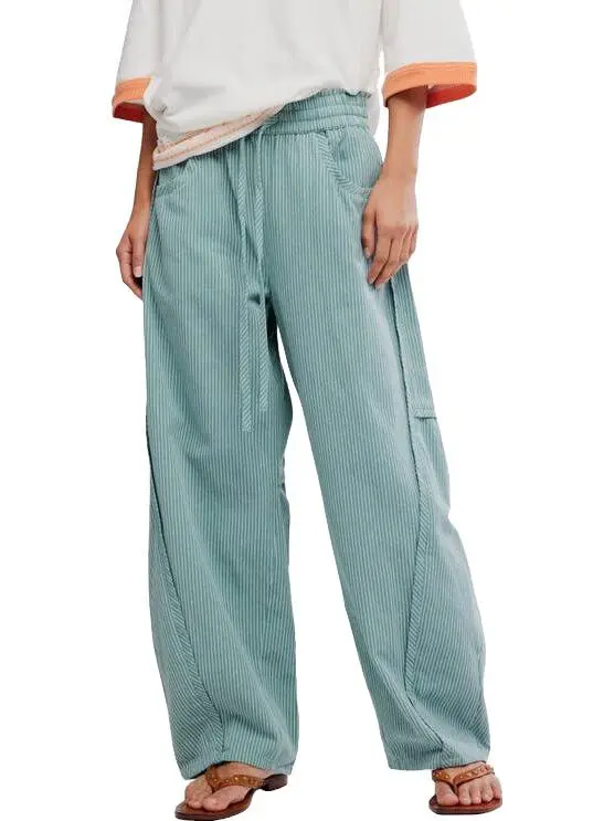 Free People Pinstripe Cotton Drawstring Pants - Blue Trellis Combo