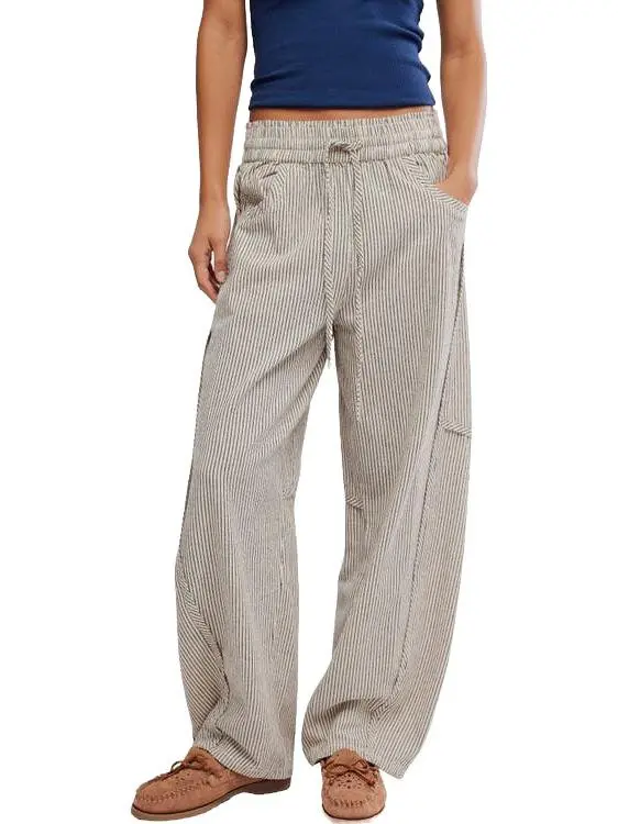 Free People Pinstripe Cotton Drawstring Pants - Ivory Combo