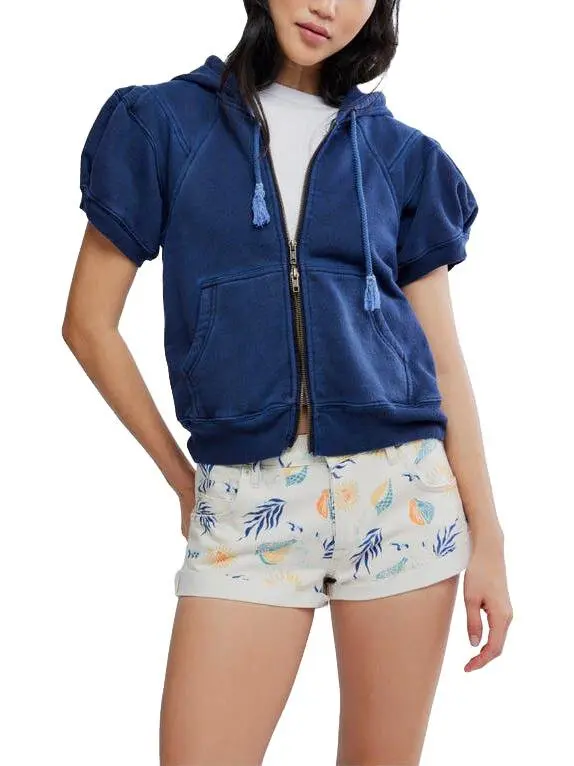 Free People Summer Puff Sleeve Zip-up Sweater - Night Shadow