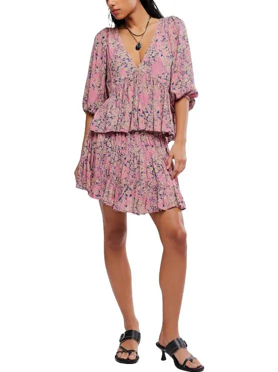 Free People Floral Print Peplum Blouse And Skirt Set - Pink Combo