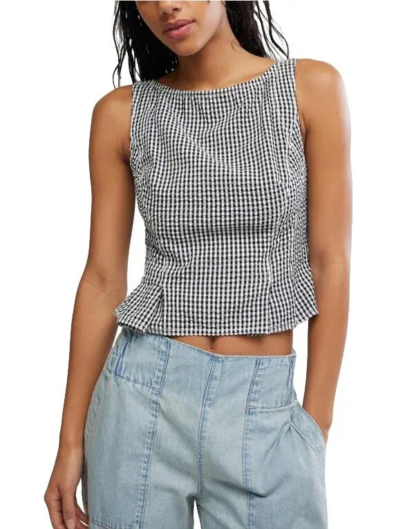 Free People Sunfaded Gingham Peplum Top - Black And White Comb