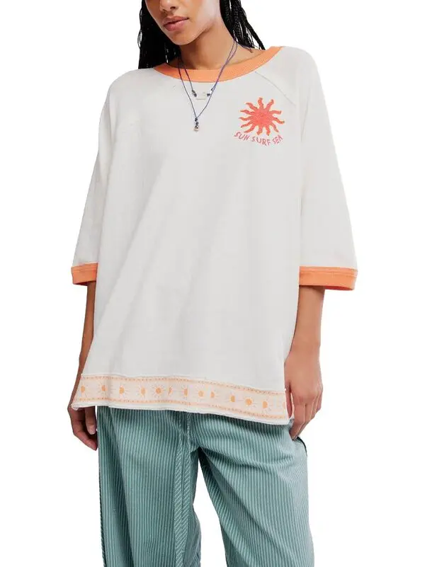 Free People Giuila Graphic Oversized Embroidered Cotton T-shirt - Summer Cream Combo