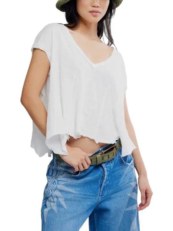 Free People Swing Along" V-neck Cotton & Linen Blend T-shirt - Clean Ivory