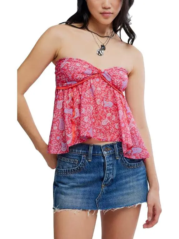 Free People Malia Floral Paisley Babydoll Top - Raspberry Combo