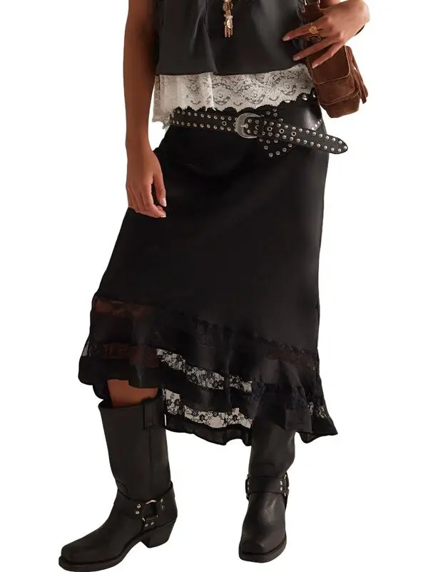 Free People Long Lost Lover Lace Detail Satin Slip Skirt - Black