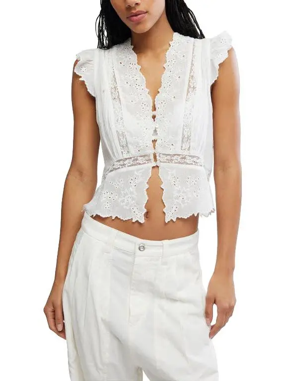 Free People Day Dreamer Embroidered Lace Trim V-neck Top - Ivory