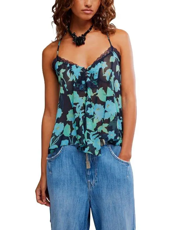 Free People Margaux Floral Print Camisole With Lace Trim - Capri Blue Combo