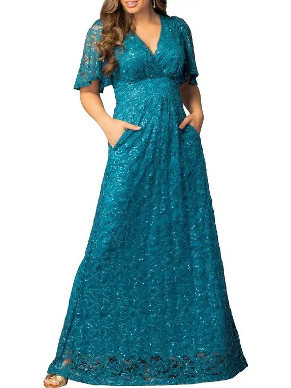 KIYONNA Luminous Sequin Lace Evening Gown - Teal Topaz