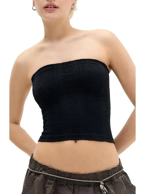 BDG URBAN OUTFITTERS Floral Knit Crop Bandeau Top - Black