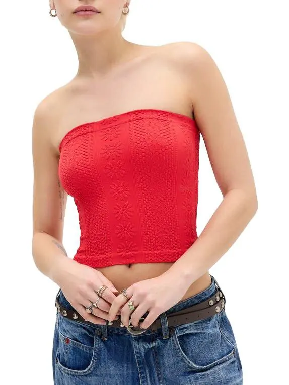 BDG URBAN OUTFITTERS Floral Knit Crop Bandeau Top - Red