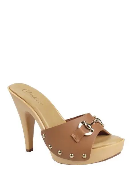 CANDIE'S Platform Slide Sandal With Horsebit Detail - Tan Leather