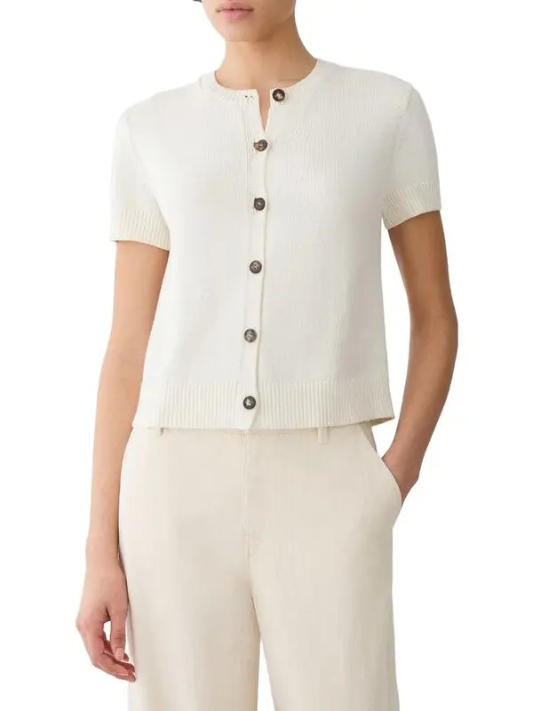 Lafayette 148 New York Short Sleeve Cotton & Silk Cardigan - Cloud