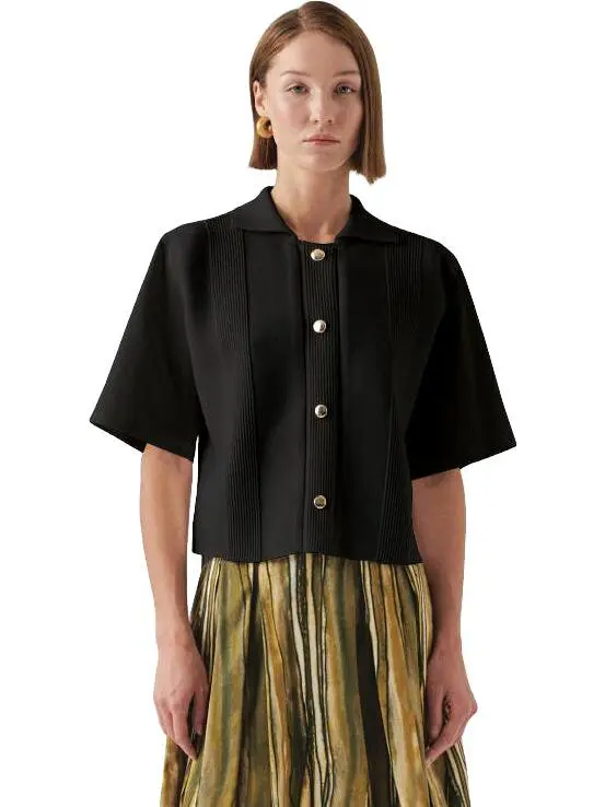 EXQUISE Short Sleeve Shirt With Pleated Detail - Black