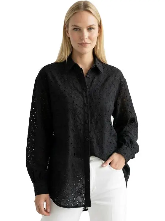 EXQUISE Long Sleeve Broderie Anglaise Shirt - Black