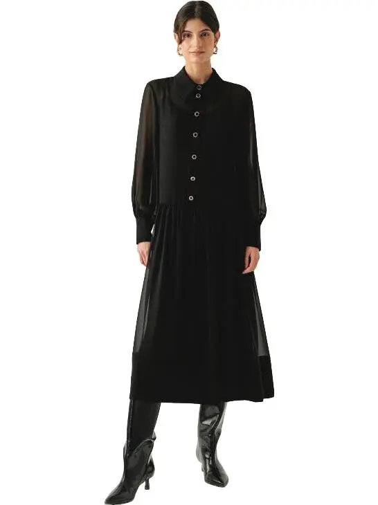 EXQUISE Long Sleeve Shirt Dress - Black