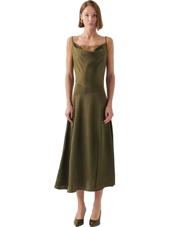 EXQUISE Macy Cowl Neck Sleeveless Midi Dress - Khaki