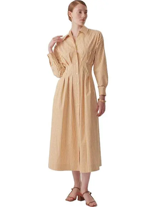 EXQUISE Belted Midi Shirt Dress With Classic Collar - Camel Beige