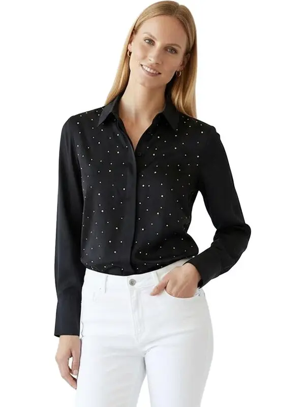 EXQUISE Corrie Embellished Long Sleeve Shirt - Black