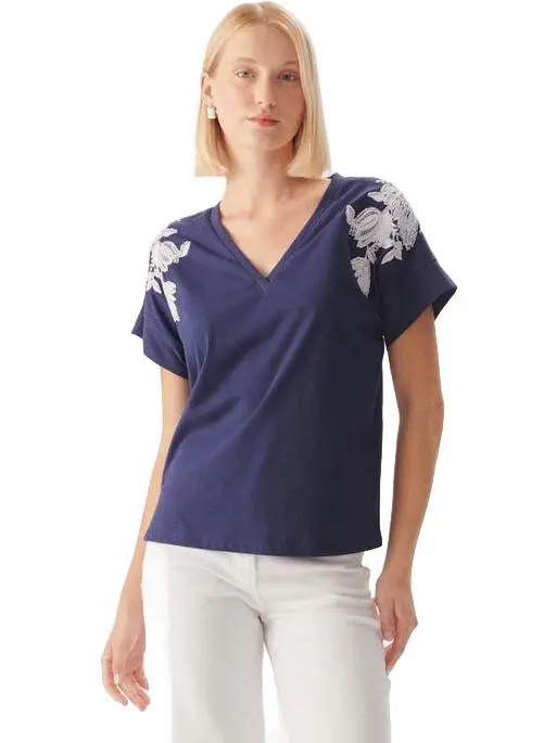 EXQUISE Embellished V-neck T-shirt - Navy Blue
