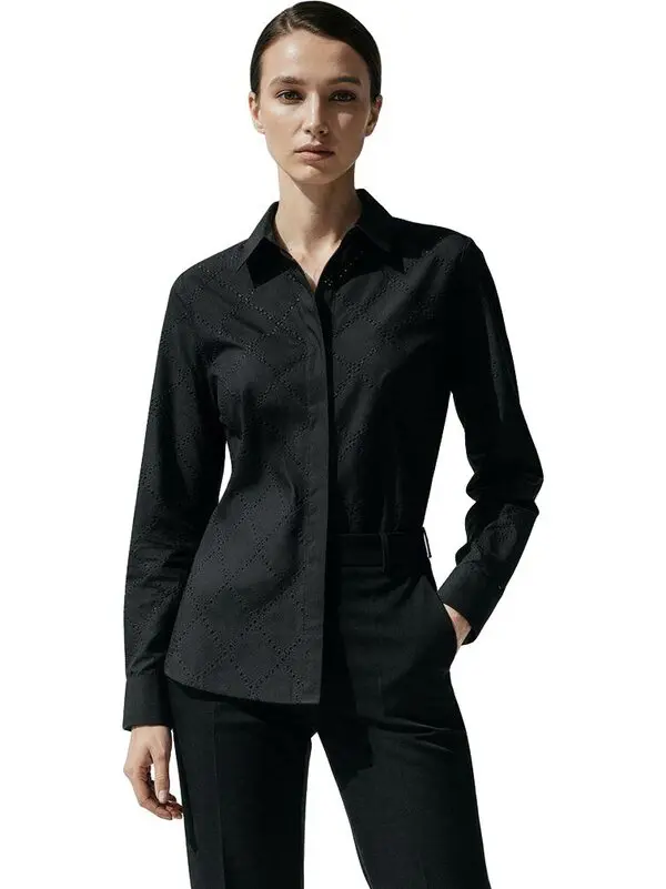 EXQUISE Stone Pattern Long Sleeve Cotton Shirt - Black