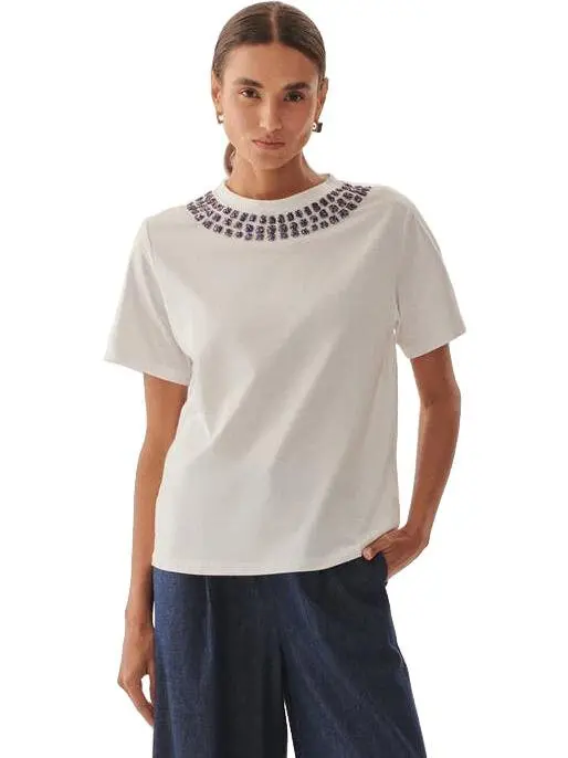 EXQUISE Adriana Crystal Embellished Cotton T-shirt - White