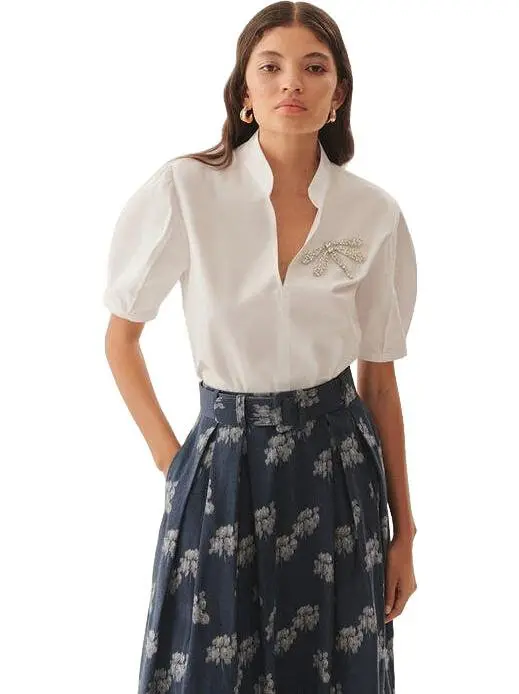 EXQUISE Short Sleeved V-neck Blouse - White