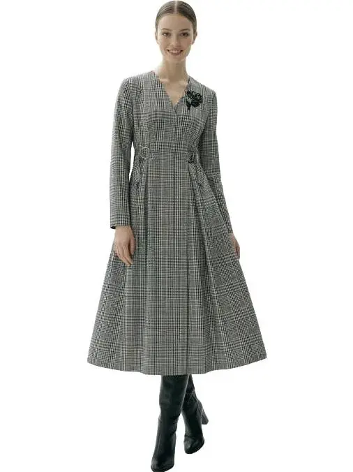 EXQUISE Plaid Long Sleeve Midi Dress With Embellishment - Black-white