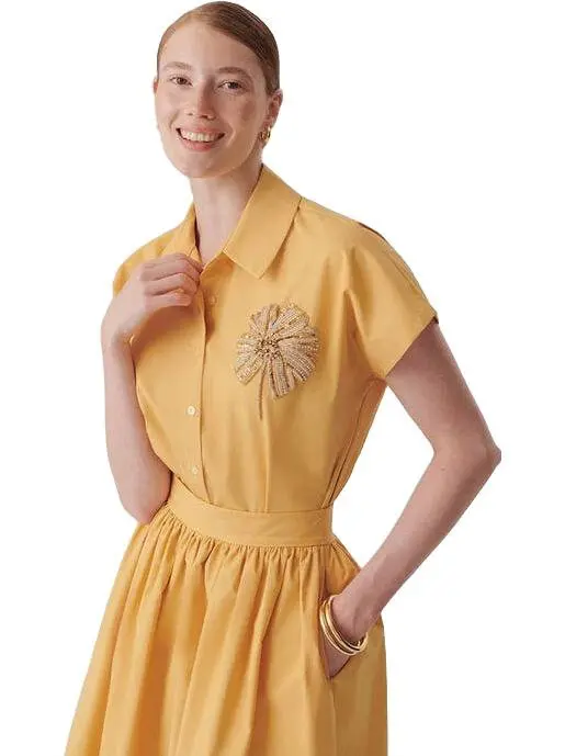 EXQUISE Short Sleeve Embellished Cotton Shirt - Camel