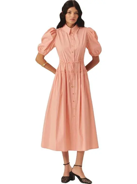 EXQUISE Kamryn Midi Dress With Shirt Collar And Short Sleeves - Salmon