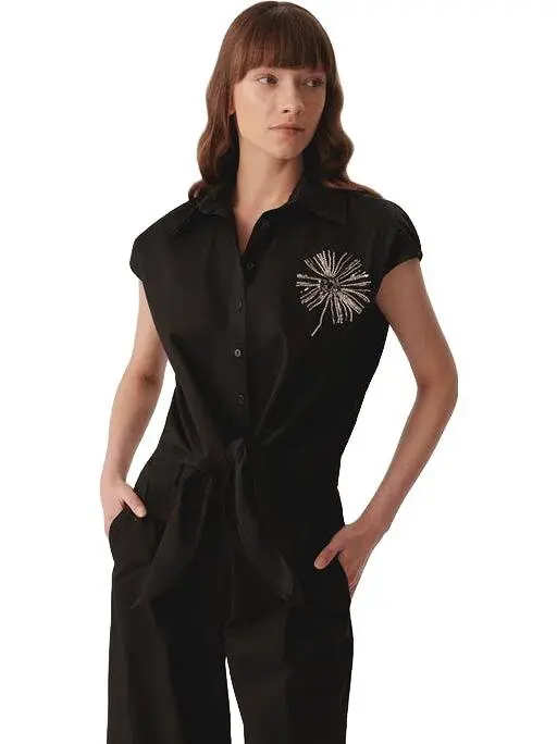EXQUISE Embellished Tie-front Cotton Shirt - Black